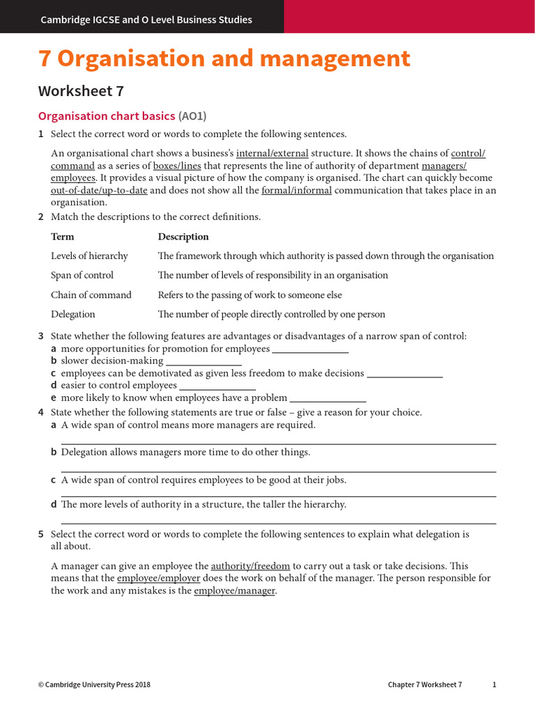 Organisation and Management Worksheet | PDF