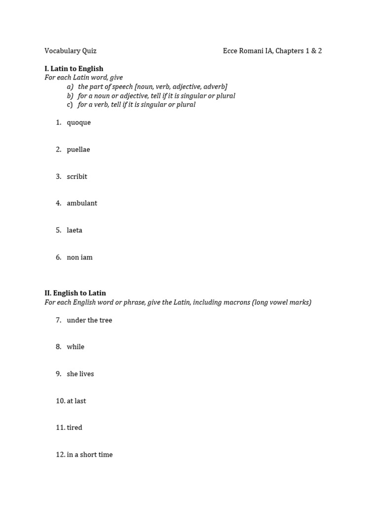 Ecce Romani IA Vocabulary Quiz | PDF