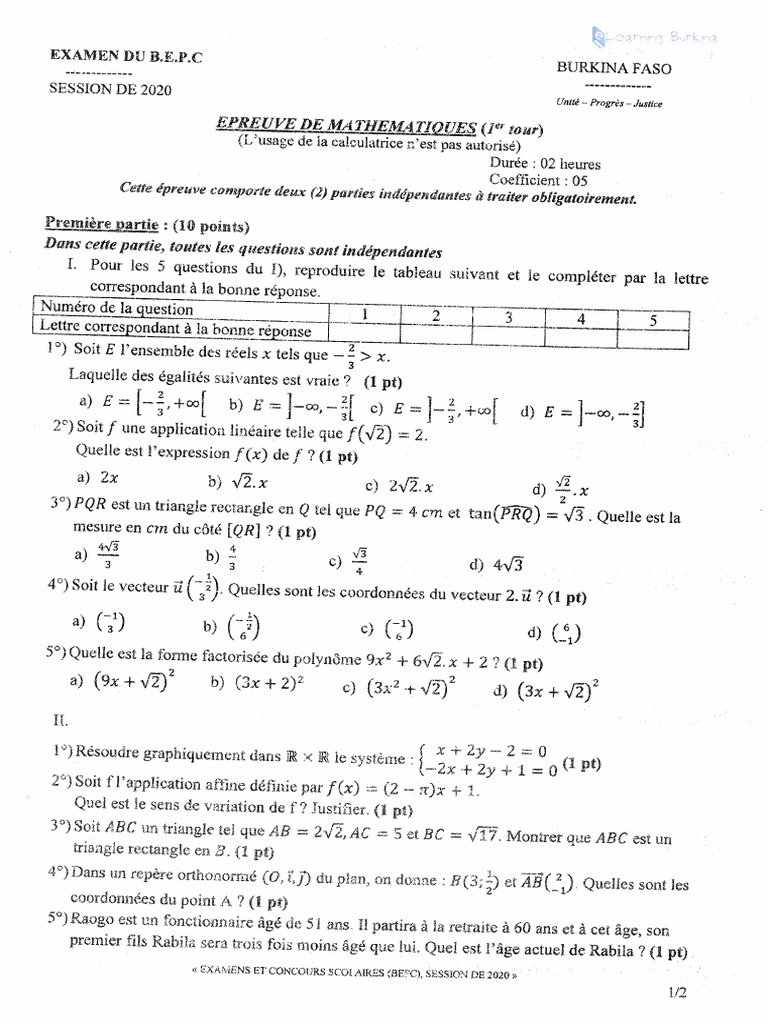 BEPC-2020-Maths Tr1 | PDF
