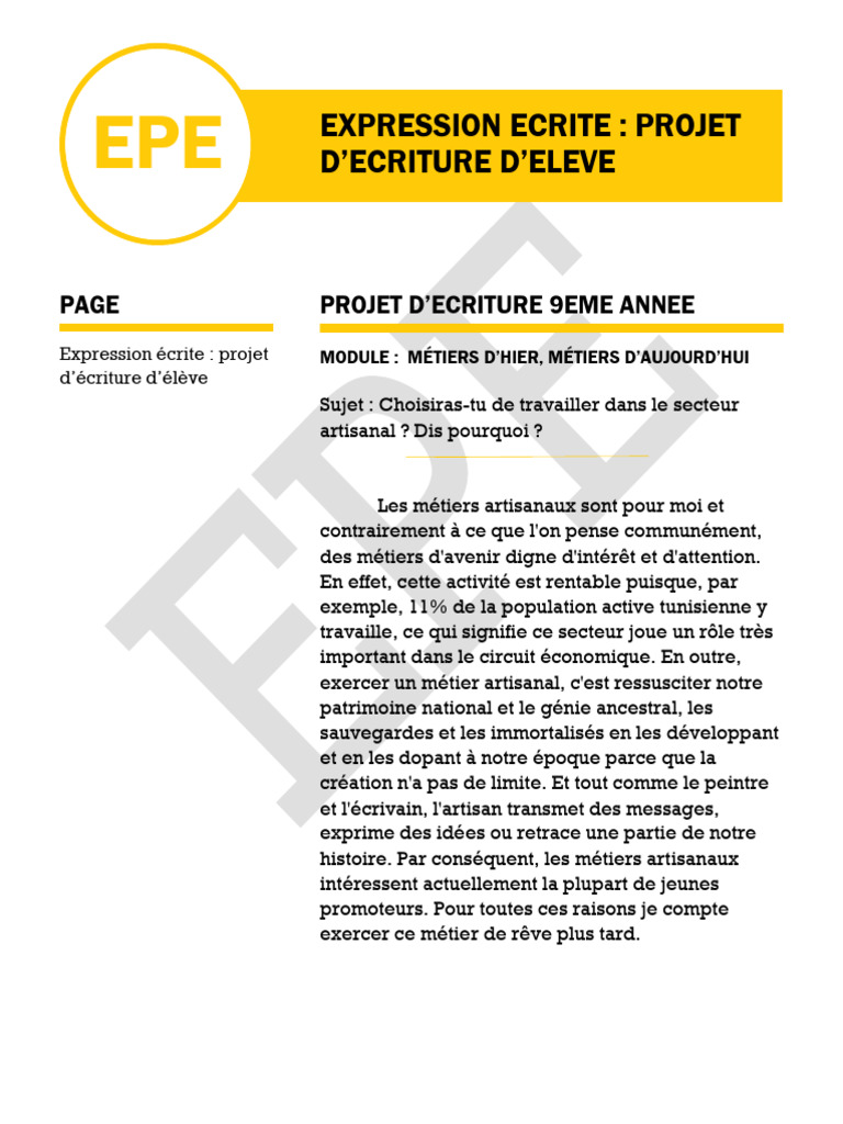 PROJET D'ECRITURE 4 MODULE '' Métiers D'hier, Métiers D'aujourd'hui ...