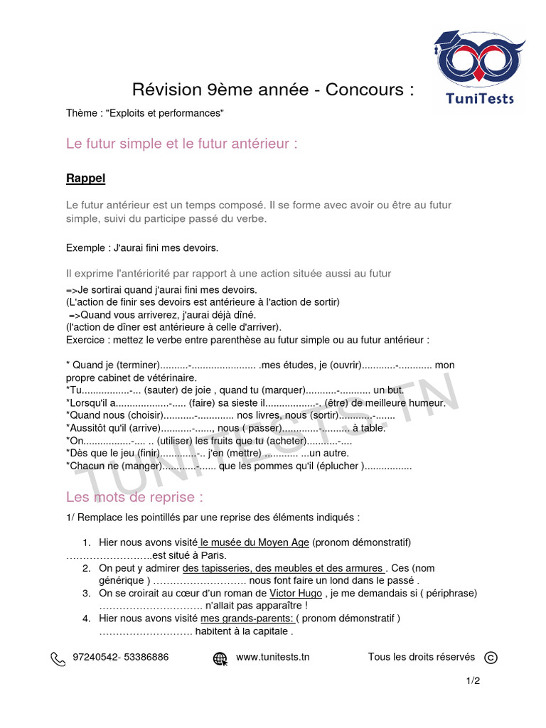 Futur simple et antérieur en 9ème année | PDF