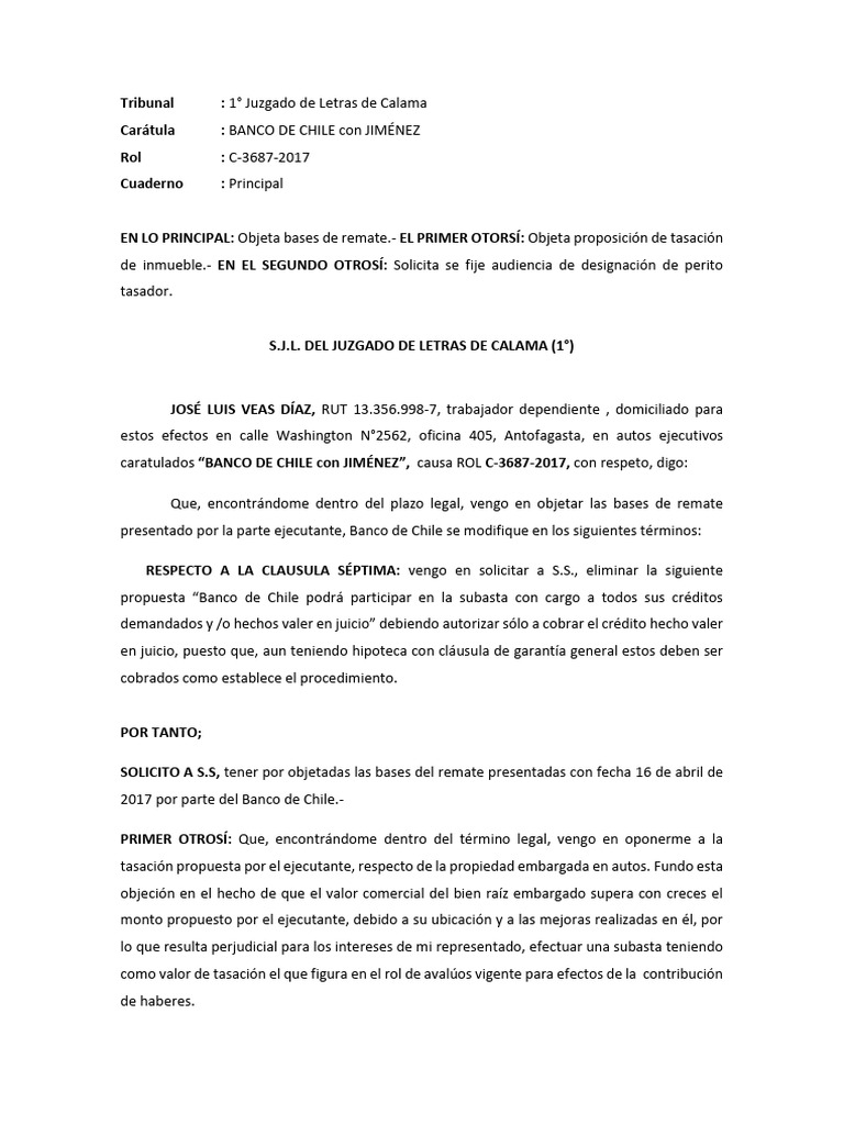 Ejemplo de Escrito de Objeta Tasación Inmueble para Remate | PDF ...
