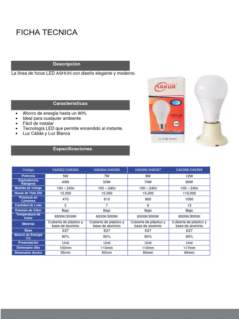 ficha tecnica foco ASHUN | PDF
