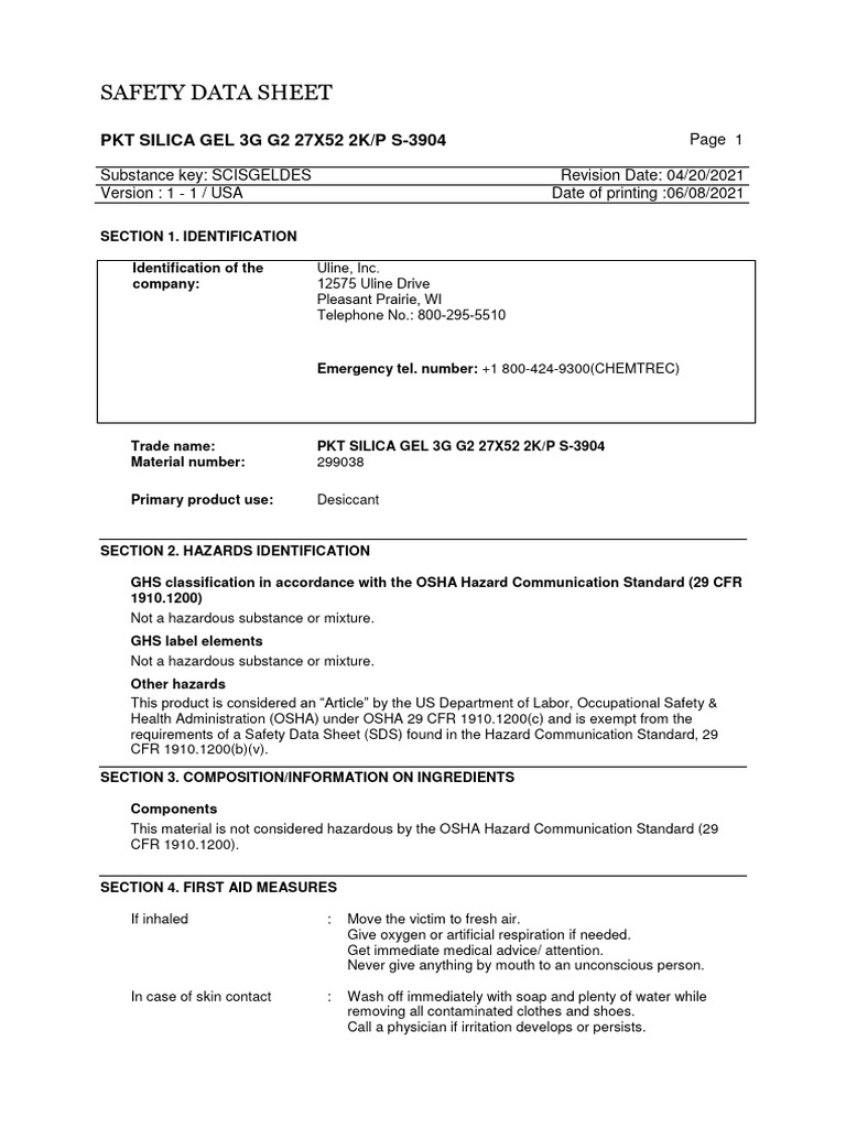 Safety Data Sheet for Silica Gel 3G | PDF | Waste | Dangerous Goods