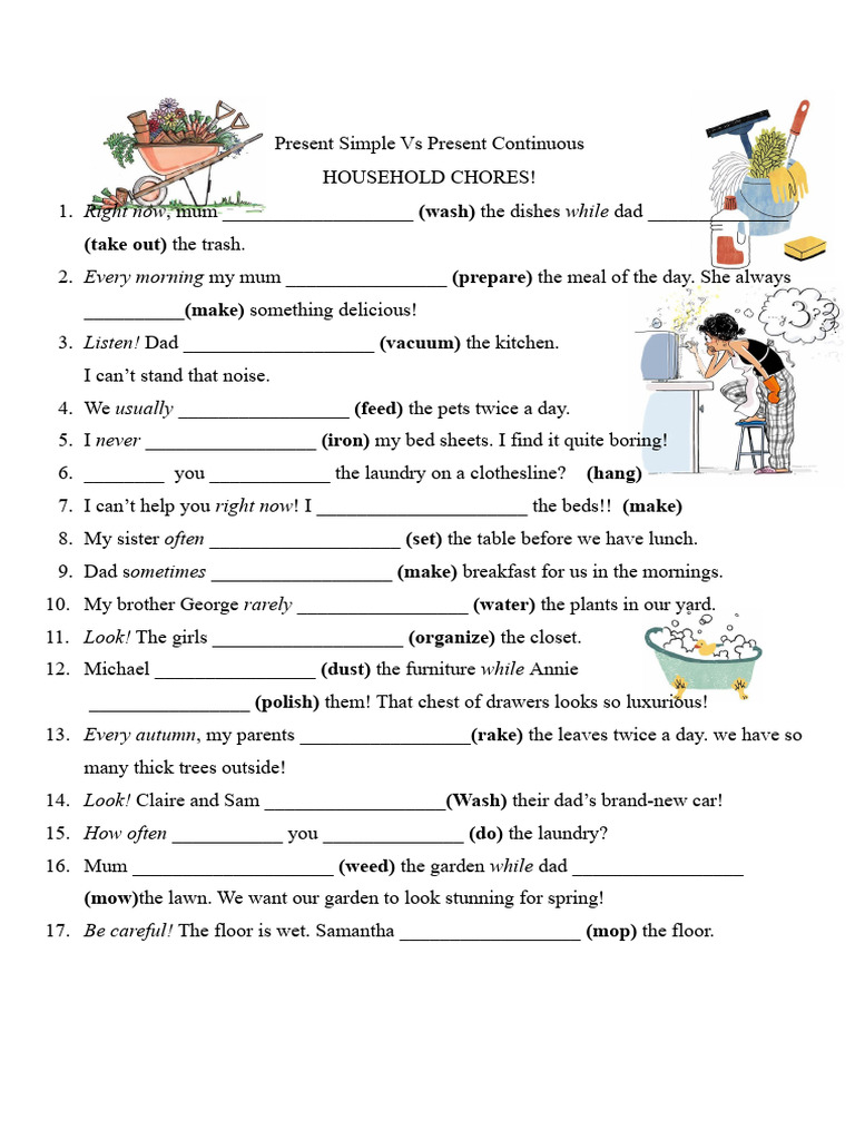 Present Simple vs Continuous Chores | PDF | Language Arts & Discipline