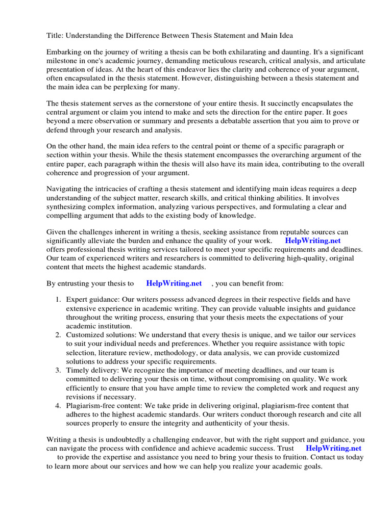Difference Between Thesis Statement Main Idea | PDF | Essays | Thesis Difference Between Thesis Statement Main Idea | PDF | Essays | Thesis
