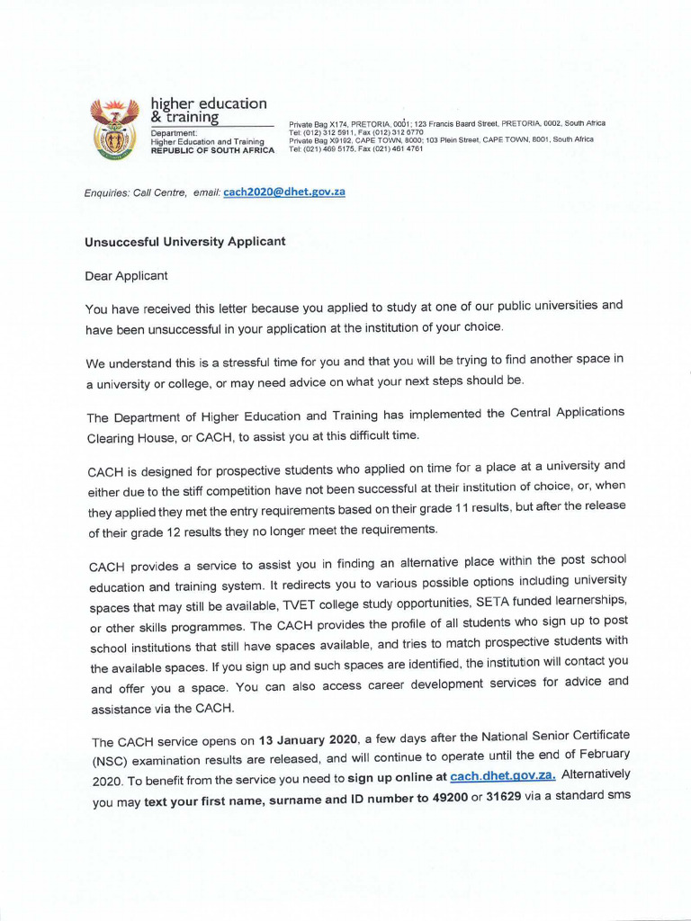 DHET-letter-Central-Applications-Clearing-House-2020 | PDF