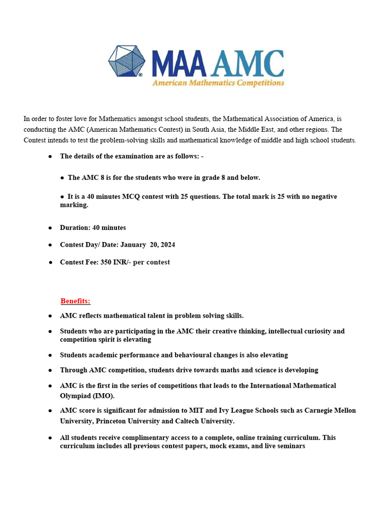 AMC 8 CIRCULAR 2023-2024 For DPS Nacharam | PDF