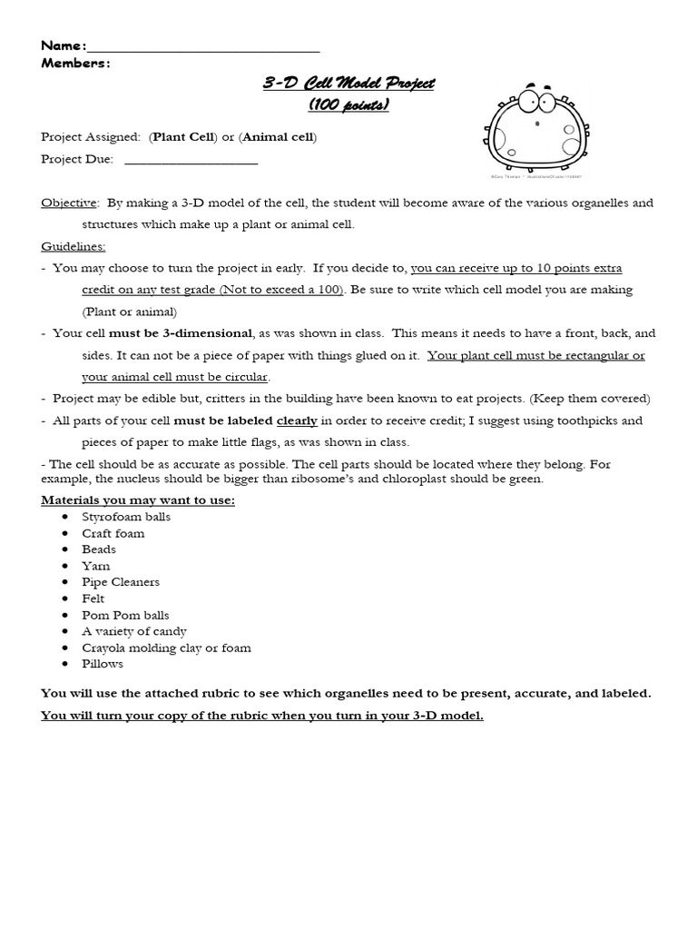 3D Cell Project and Rubric | PDF | Organelle | Cell (Biology)