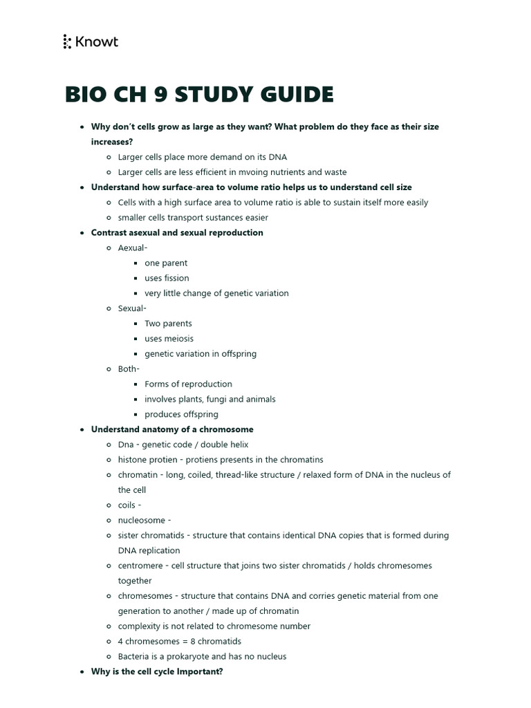 Bio CH 9 Study Guide | PDF | Mitosis | Chromosome