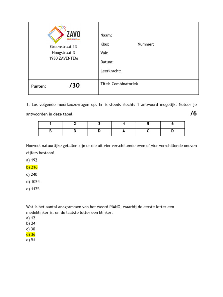 2024 Combinatoriek OPLOSSING | PDF