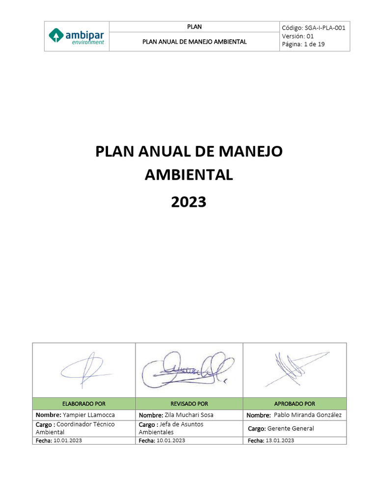 SGA-I-PLA-001 Plan - Manejo - Ambiental 2023 v1 | PDF