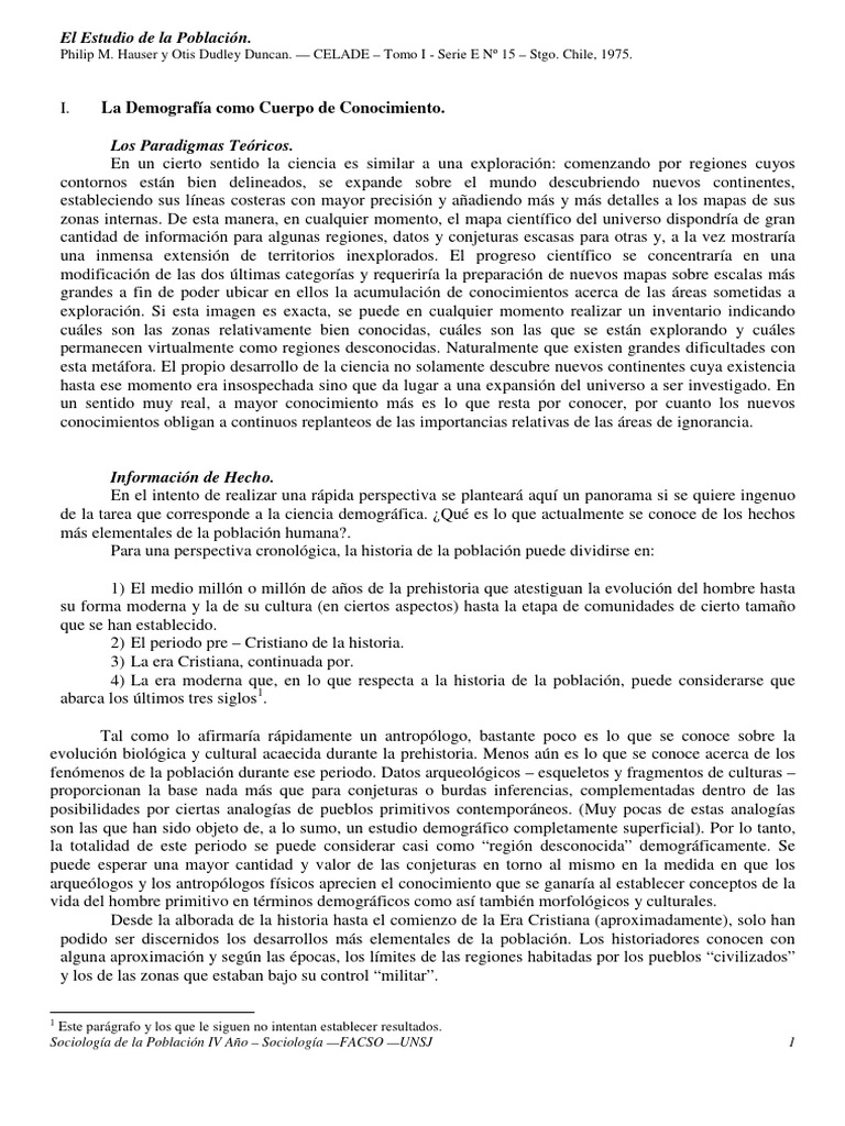 Hauser y Duncan El Estudio de La Población. Tomo I | PDF | Teoría ...