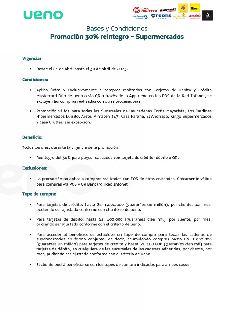Reintegro 30% en Supermercados ueno | PDF | Tarjeta de débito | Tarjeta ...