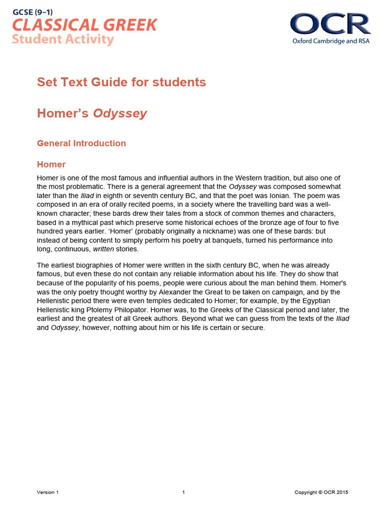 Set Text Guide Homer S Odyssey Activity Handbook | PDF | Odyssey | Homer