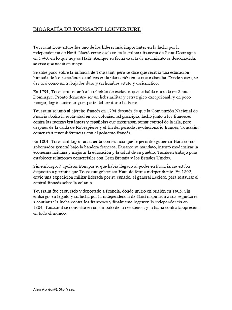 Biografía de Toussaint Louverture | PDF