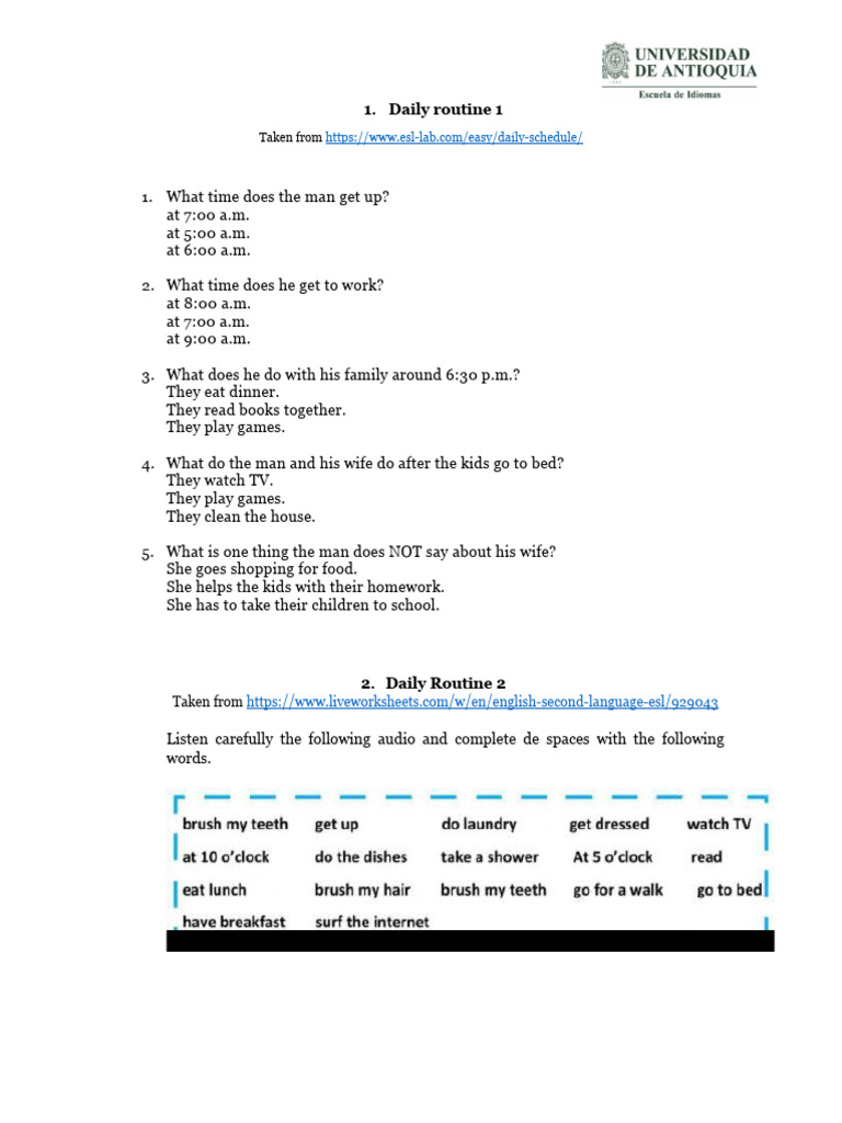 Listening Exercises Daily Routines | PDF