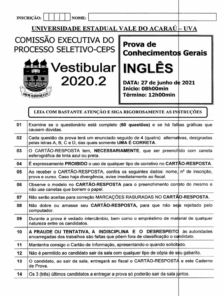 Prova de Conhecimentos Gerais - Inglês | PDF