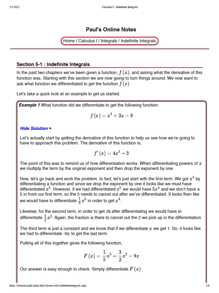 Calculus I - Indefinite Integrals | PDF | Integral | Function (Mathematics)