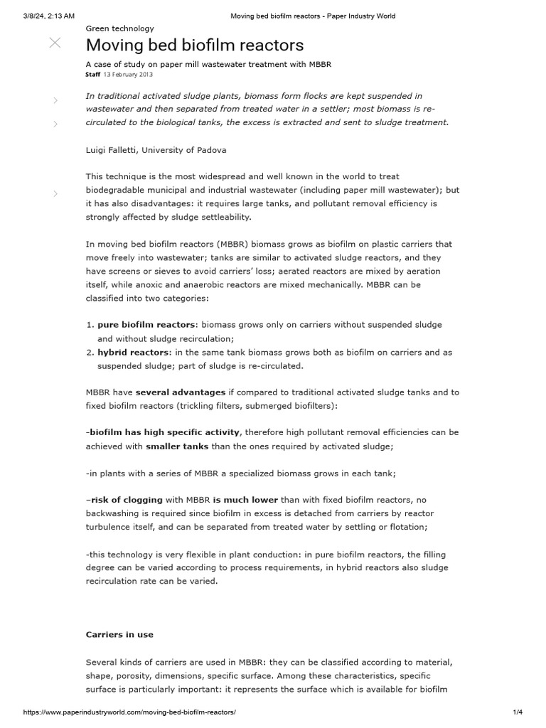 Moving Bed Biofilm Reactors - Paper Industry World | Download Free PDF | Sewage Treatment ...