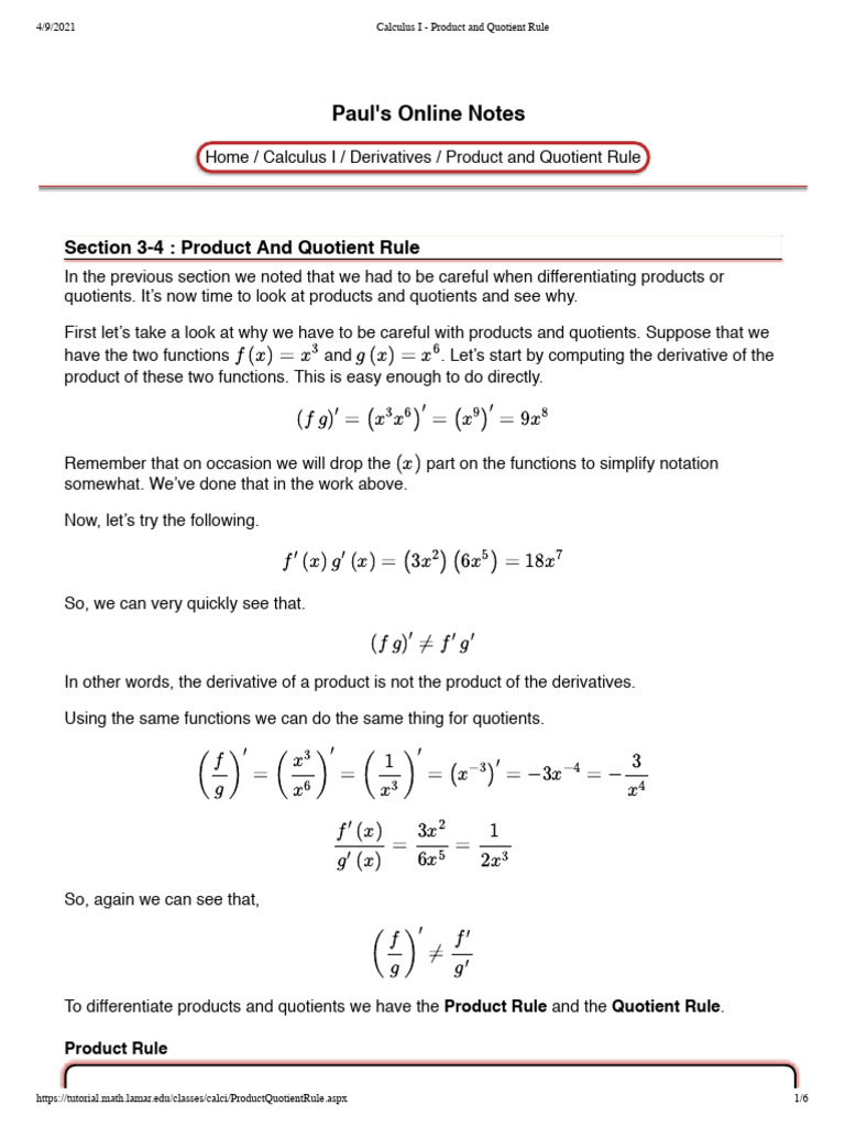 Calculus: Product & Quotient Rules | PDF