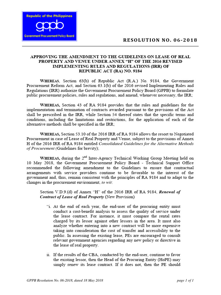GPPB Resolution No. 06-2018 | PDF | Lease | Cost–Benefit Analysis