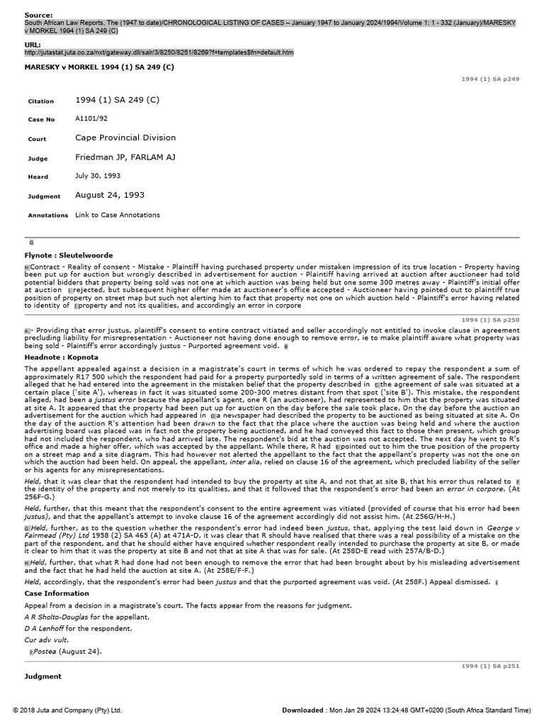 MARESKY_v_MORKEL_1994_(1)_SA_249_(C) | PDF | Misrepresentation | Judgment (Law)