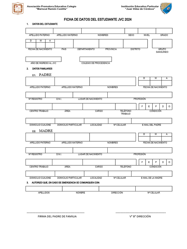 FICHA DE DATOS DEL ESTUDIANTE JVC 2024 | PDF