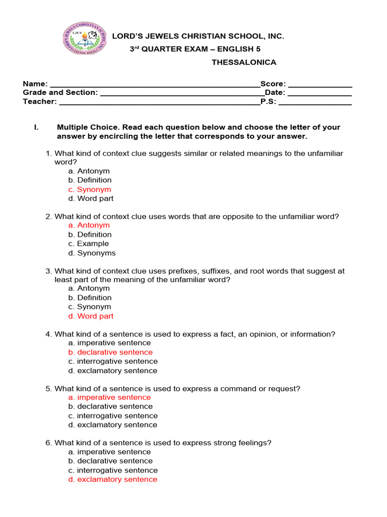 3RD QT English 5 | Download Free PDF | Word | Sentence (Linguistics)