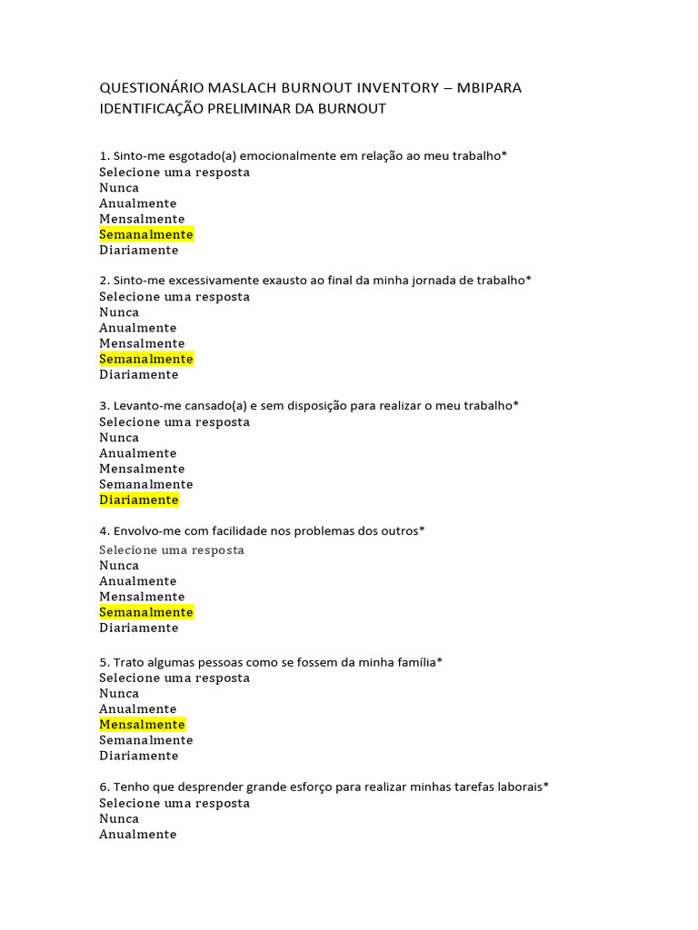 Questionário Maslach Burnout Inventory | PDF