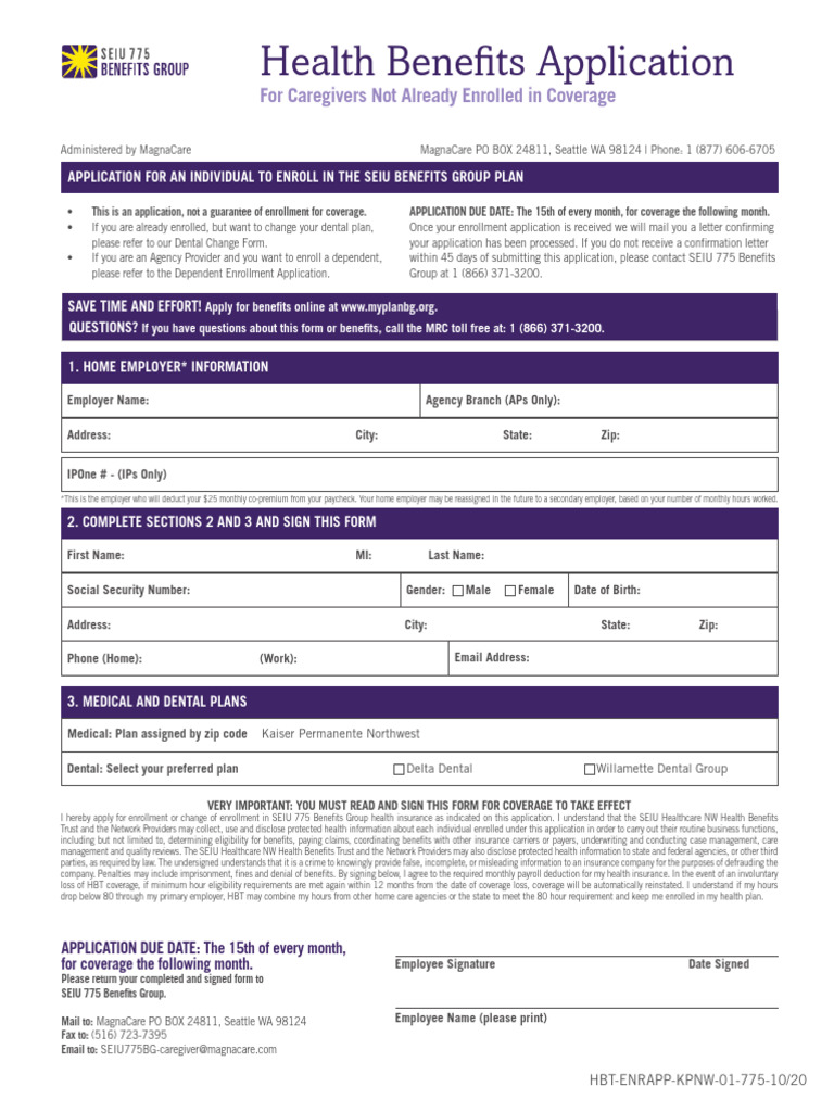 SEIU Health Benefits Enrollment Form | PDF | Insurance | Social Programs