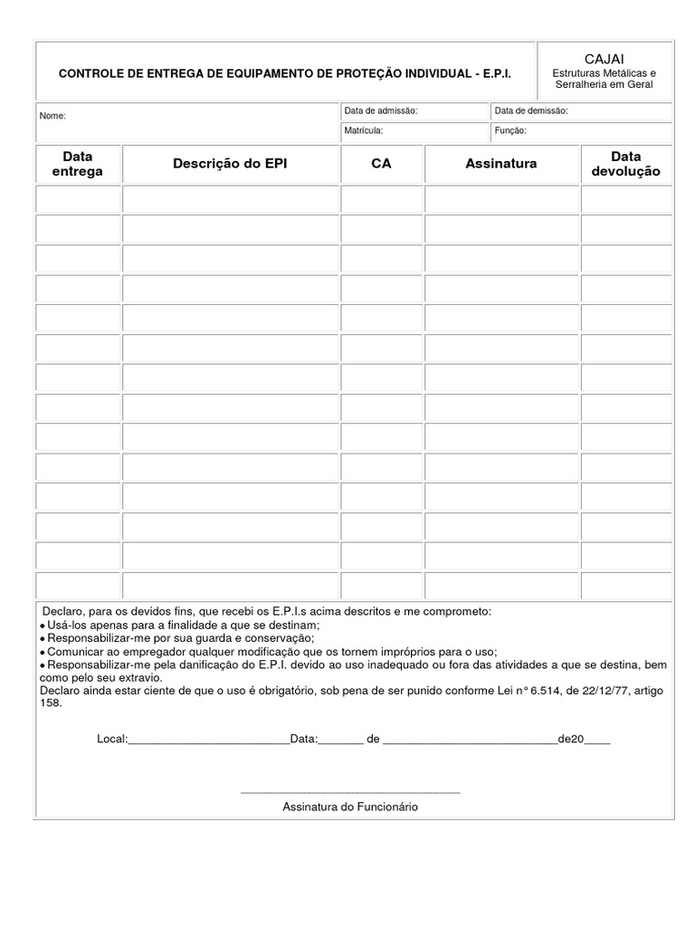 Ficha EPI para Impressão | PDF