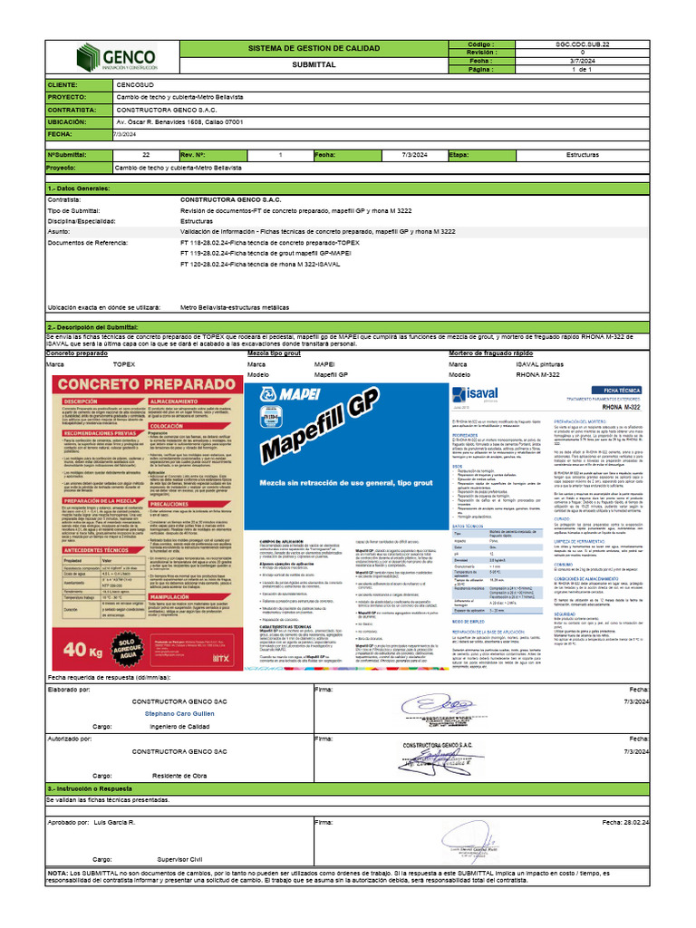 FG-GENCO-01-F16-ST 22-FT de Concreto Preparado, Mapefill GP y Rhona M 3222 | PDF | Hormigón