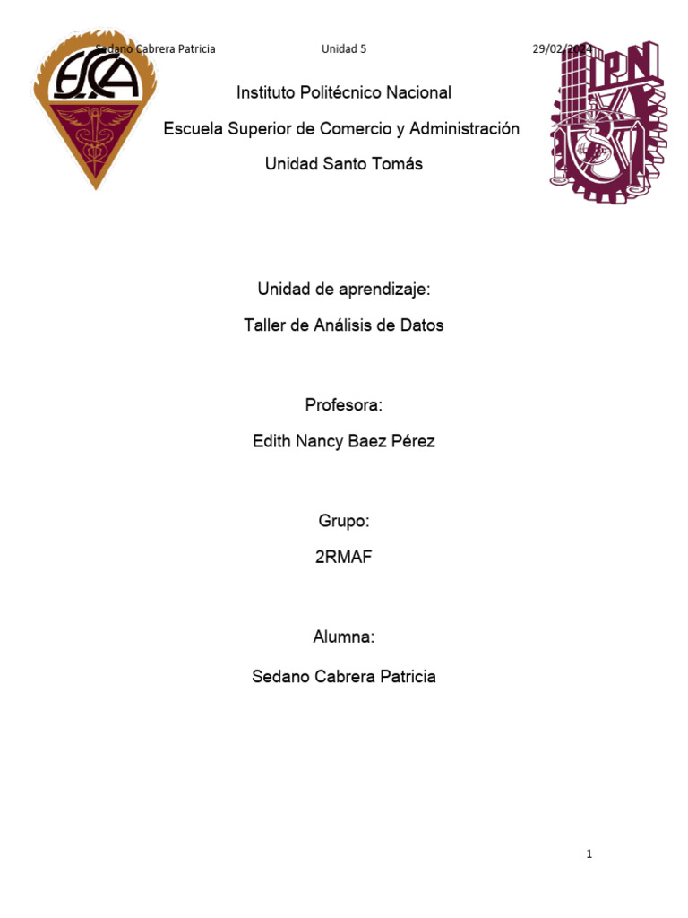 Reporte Unidad 5 | PDF | Microsoft Excel | Hoja de cálculo