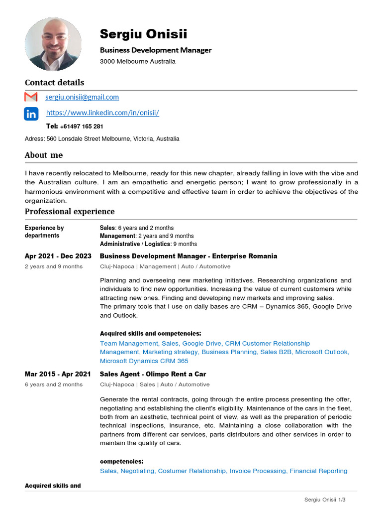 Sergiu Onisii Business Development Manager Resume | PDF