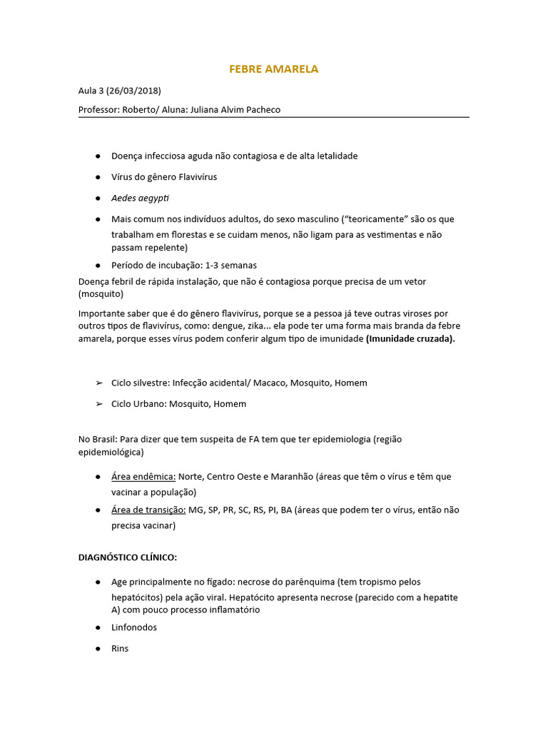 DIP - Aula 3 Febre Amarela | PDF | Febre amarela | Vírus
