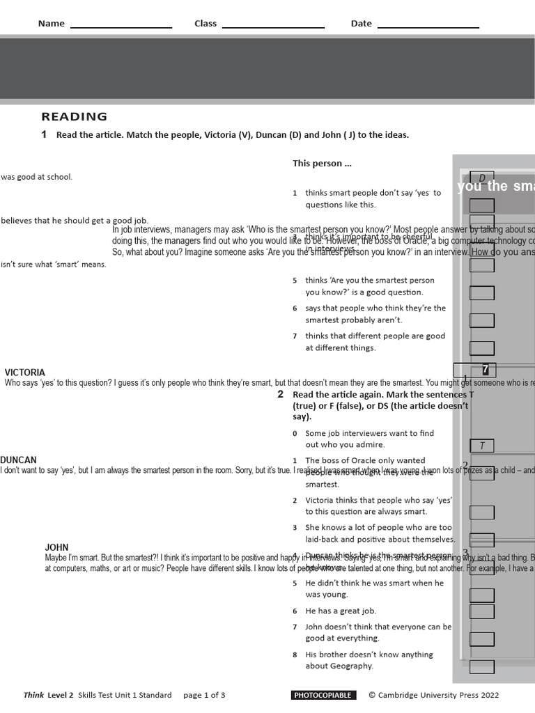 Think 2 Unit 1 | PDF