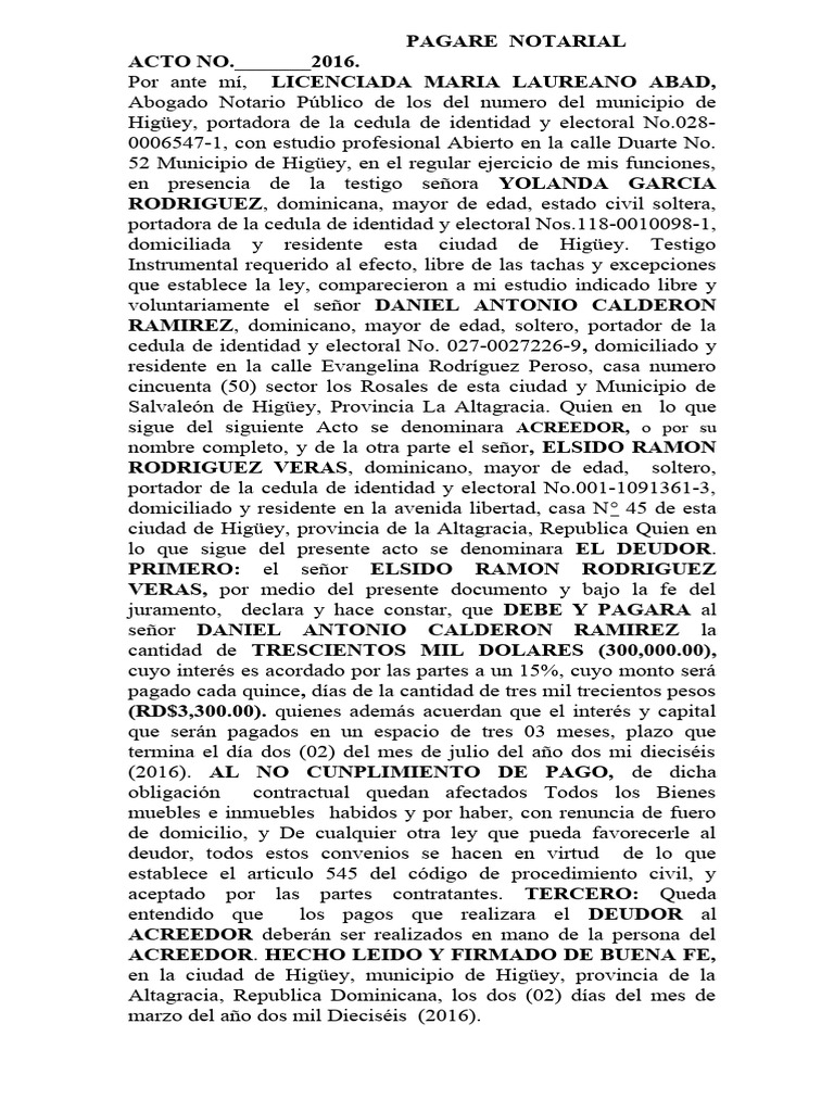 Pagare Notarial de Nelson Rodriguez Veras y Daniel Antonio Calderon ...