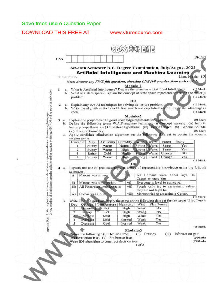 VTU Question Paper 18cs71 | PDF