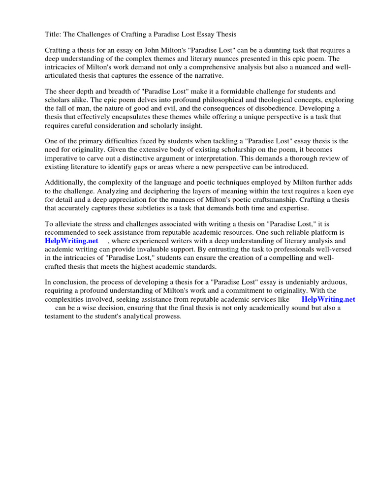 Paradise Lost Essay Thesis | PDF | Paradise Lost | Satan Paradise Lost Essay Thesis | PDF | Paradise Lost | Satan
