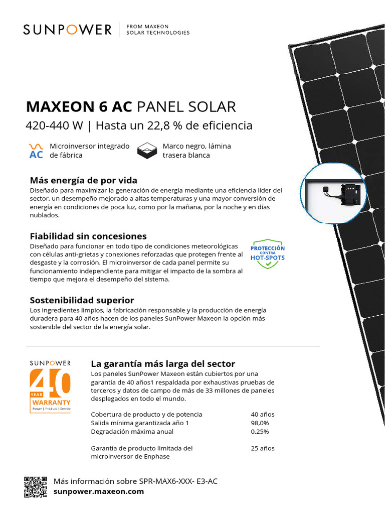 Ficha Tecnica Panel Solar SunPower Gama MAXEON 6 AC | PDF | Cantidad ...