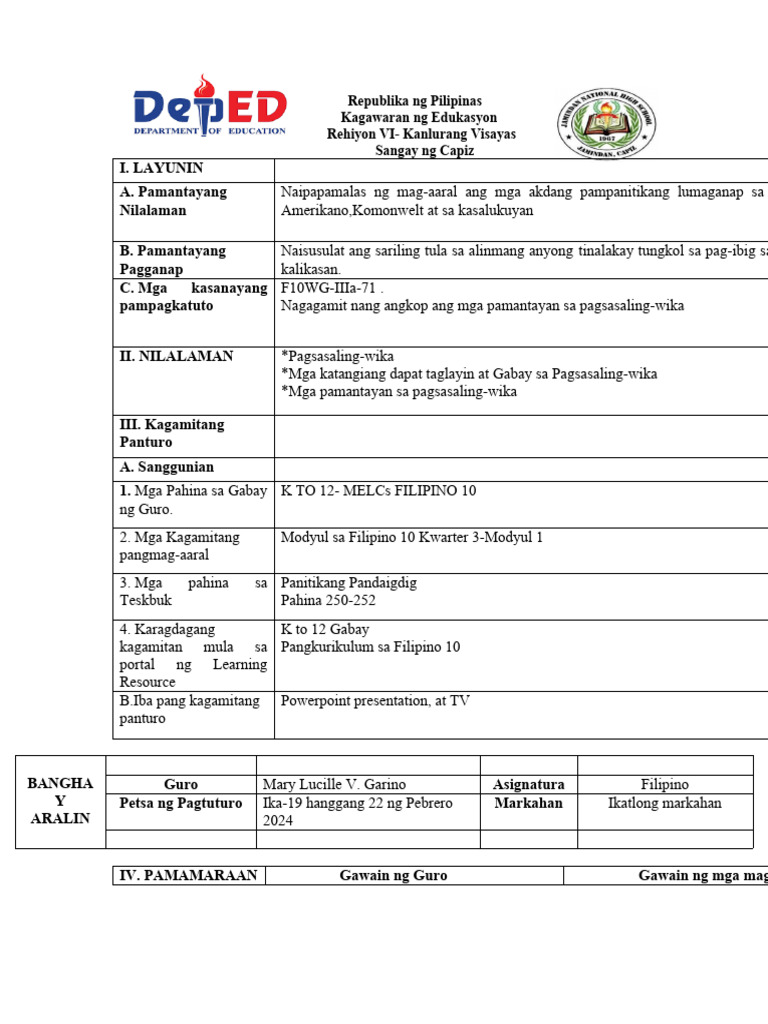 Pagsasanib NG Gramatika at Retorika Pagsasaling Wika - Banghay Aralin | PDF