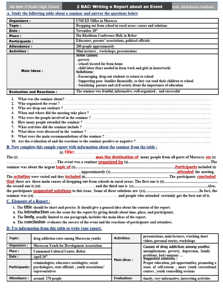 2 Bac . Writing a Report AI | PDF | Human Development | Behavioural ...