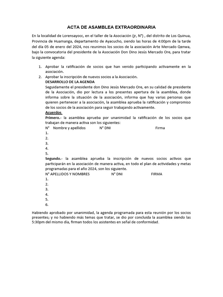 Acta de Asamblea Extraordinaria | PDF