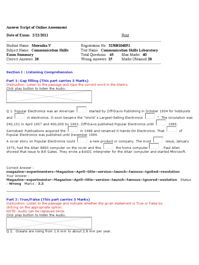 Answer Script of Online Assessment Date of Exam: 2/22/2011 | PDF | Test ...