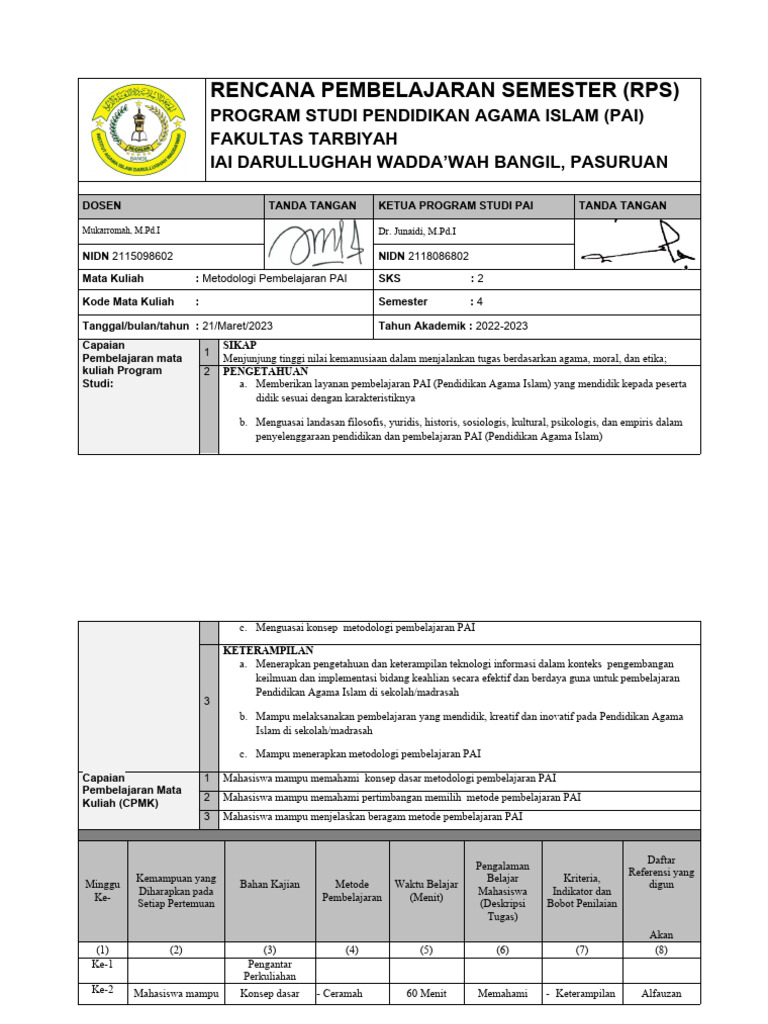 RPS Metodologi Pembelajaran PAI Fix | PDF