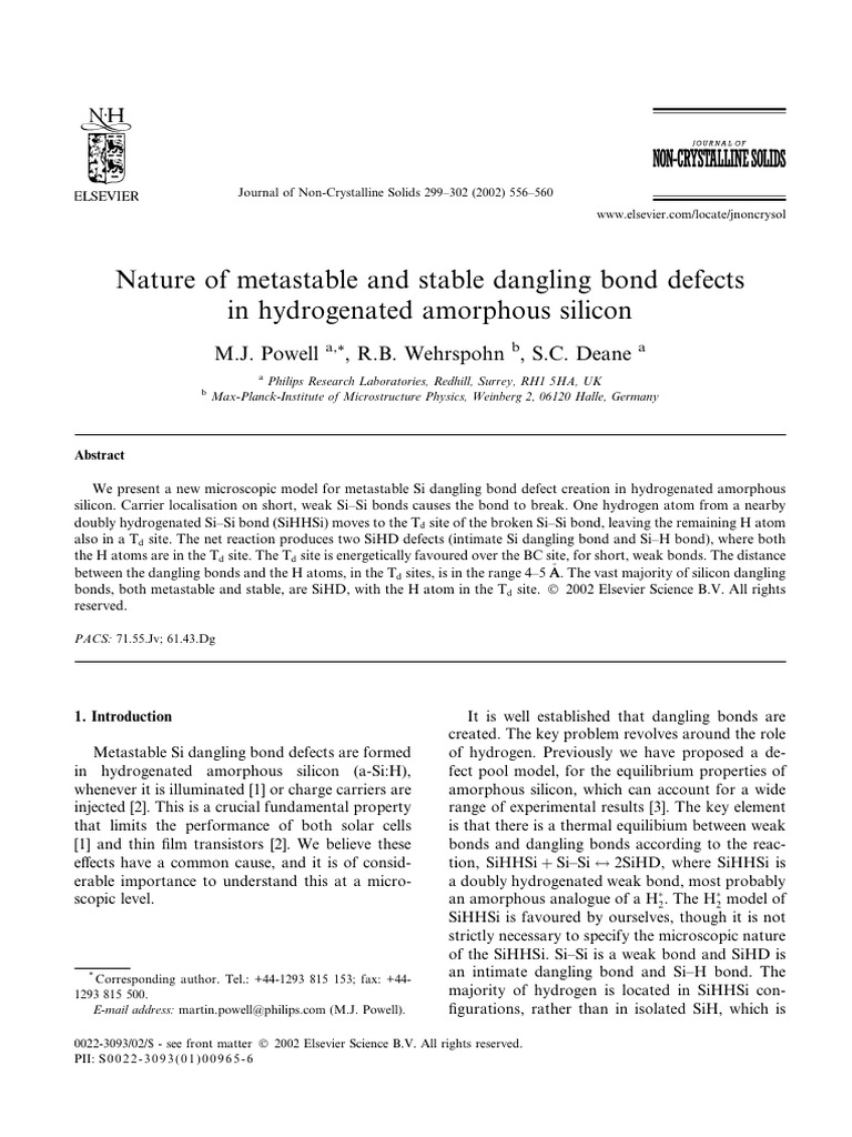 Nature of Metastable and Stable Dangling Bond Defects in Hydrogenated ...