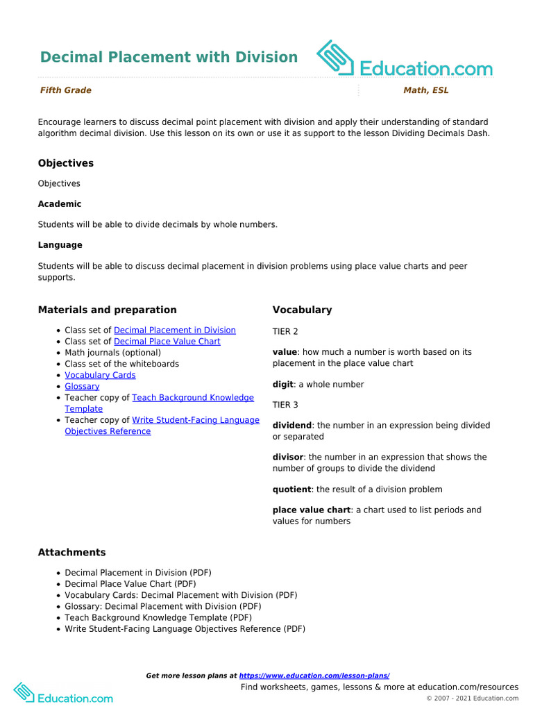 Decimal Placement With Division: Objectives | Download Free PDF ...