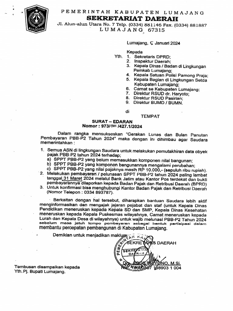 Surat Edaran Gerakan Lunas Dan Bulan Panutan Pembayaran PBB P2 | PDF