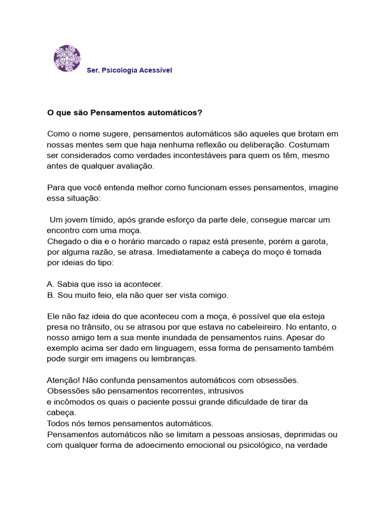 Pensamentos Automáticos | Download Free PDF | Pensamento | Psicologia Pensamentos Automáticos | Download Free PDF | Pensamento | Psicologia